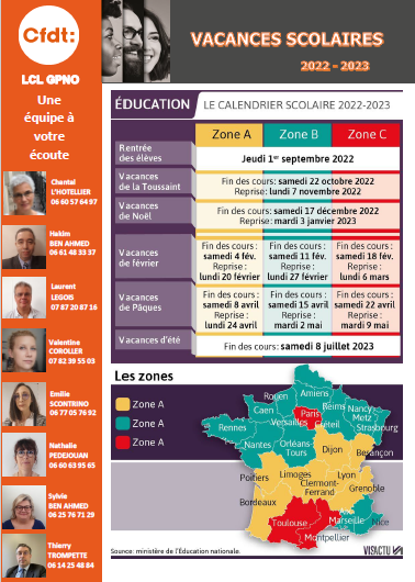 CFDT LCL, CFDT LCL, Vacances scolaires 2022-2023
