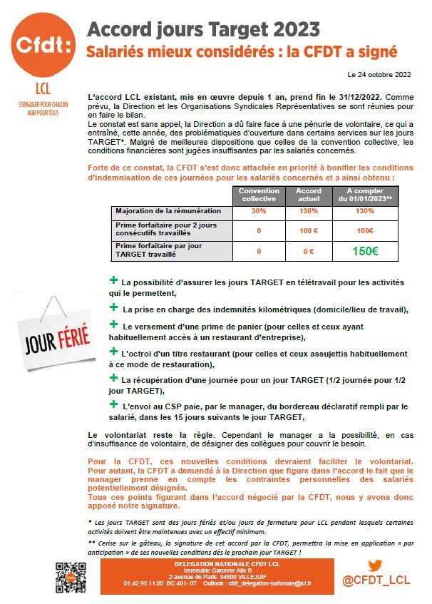 CFDT LCL, CFDT LCL, Accord Jours TARGET : la CFDT signe
