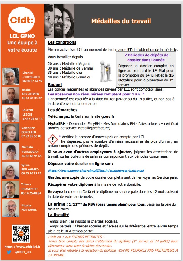 CFDT LCL, CFDT LCL, Médailles du travail