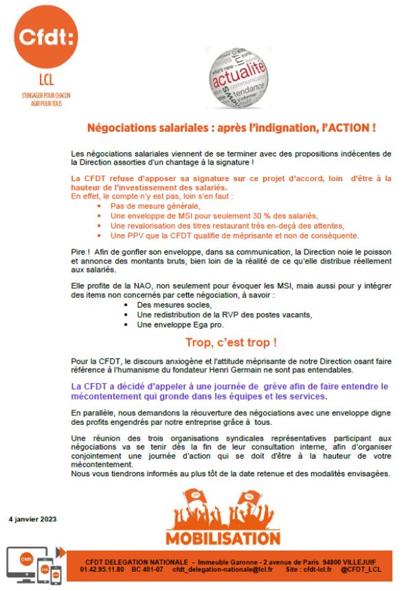 CFDT LCL, CFDT LCL, NEGOCIATIONS SALARIALES LCL: TOUS MOBILISÉS