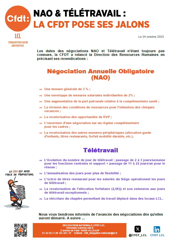CFDT LCL, CFDT LCL, NAO & TÉLÉTRAVAIL : LA CFDT POSE SES JALONS